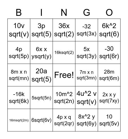 Simplify Radical Expressions Bingo Card