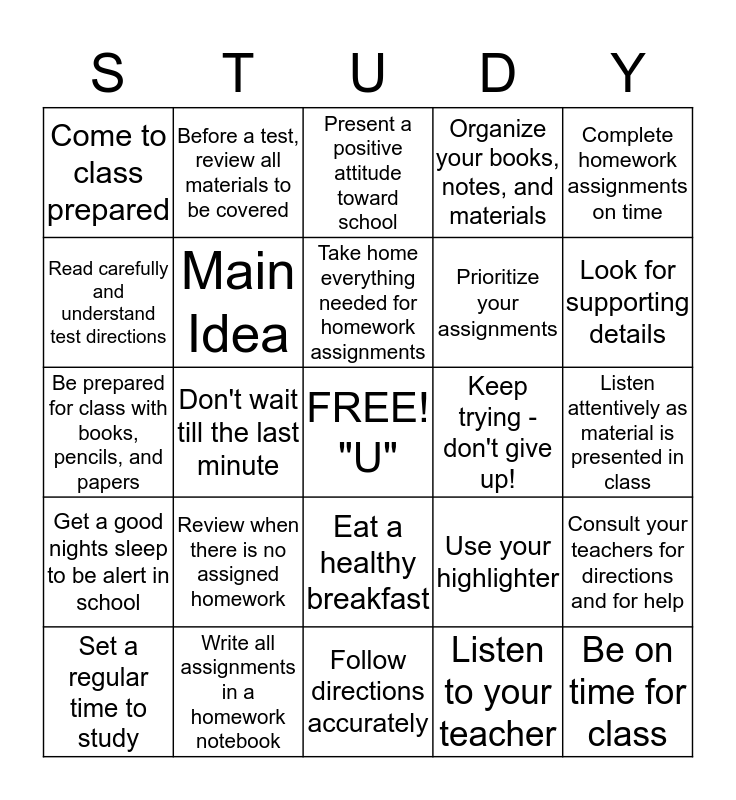 Study Skills Bingo Card