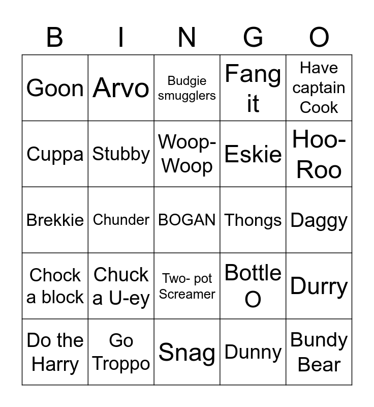 Bogan Bingo Card