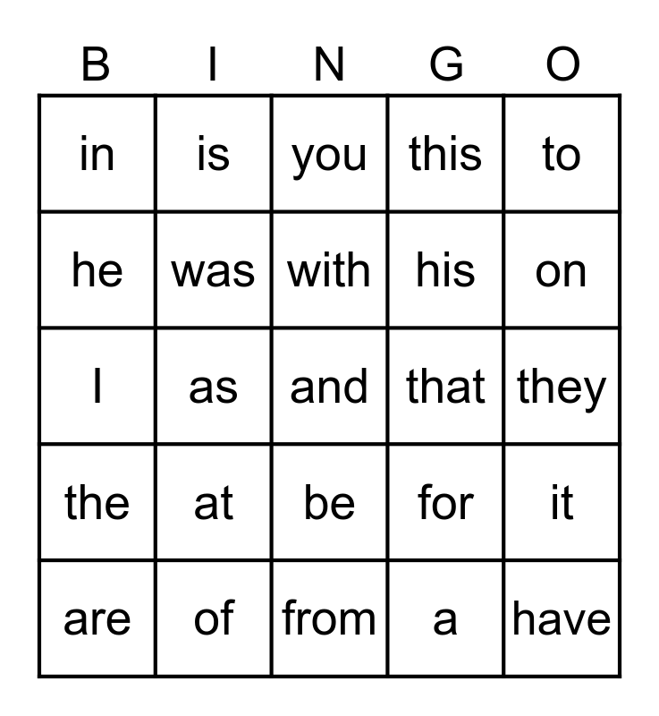 Fry Words 1-25 Bingo Card