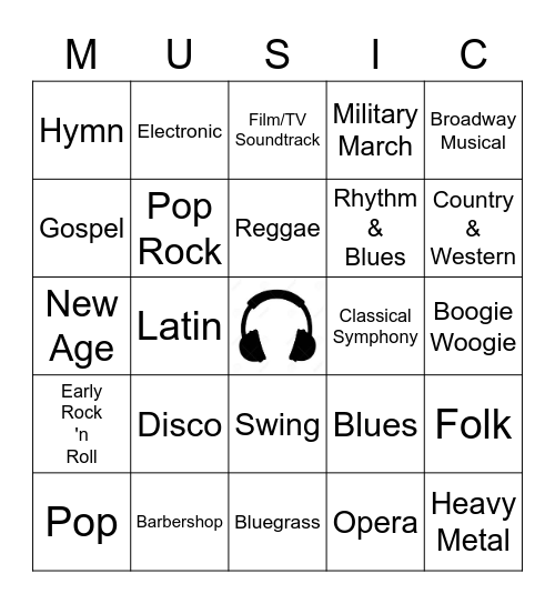 Music Styles Bingo Card