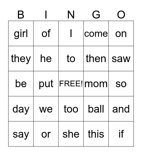 Site Word Bingo Card