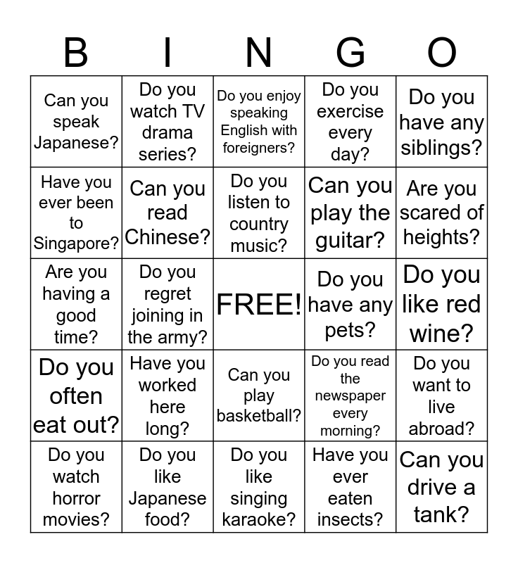 SMALL TALK QUESTIONS Bingo Card