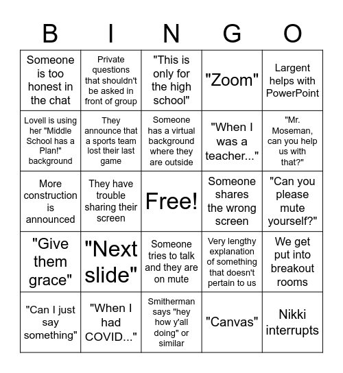 Roper Staff Meeting Bingo Card