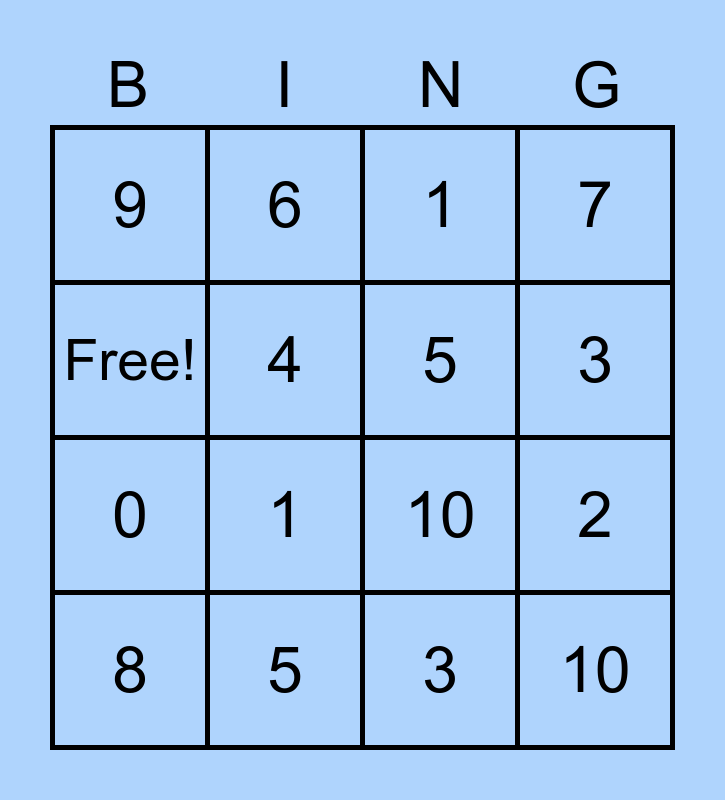 Numbers 0-10 Bingo Card