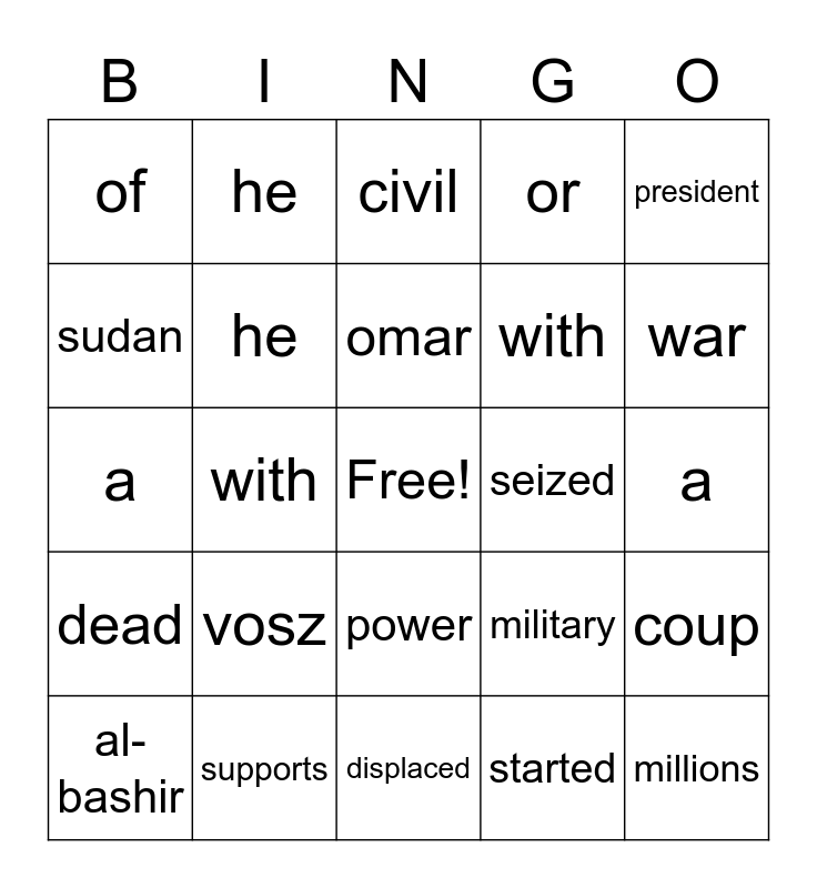 Send AID to Sudan Bingo Card
