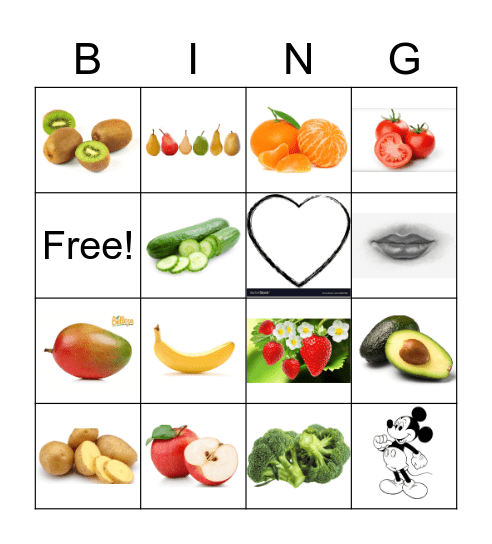Fruit/vegetables/verbs Bingo Card