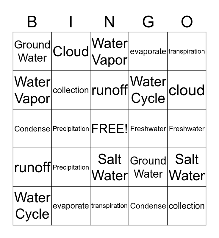 Water Cycle Bingo Card