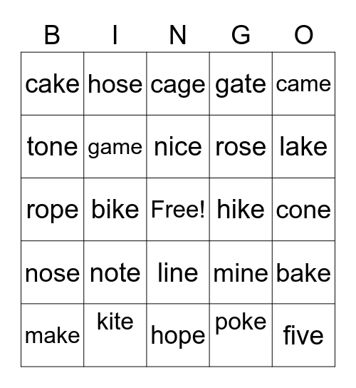 Phonics Bossy E Words Bingo Card