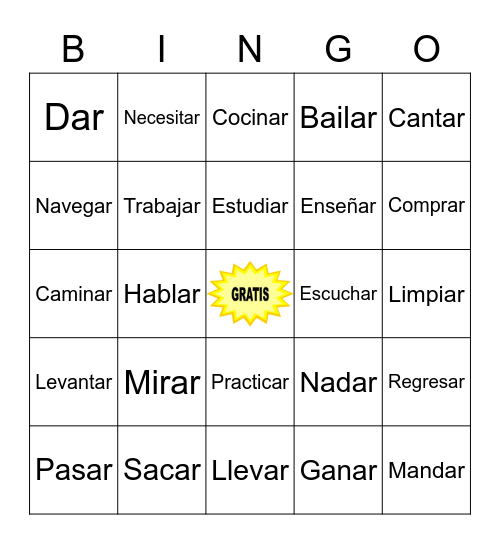 ¡Lotería! Los verbos -AR Bingo Card