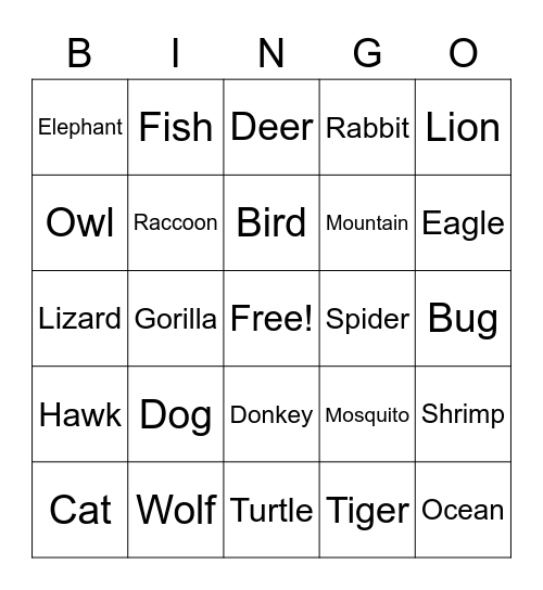 Animal Vocab Answers Bingo Card