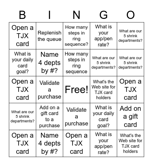 301 TJX Bingo Card