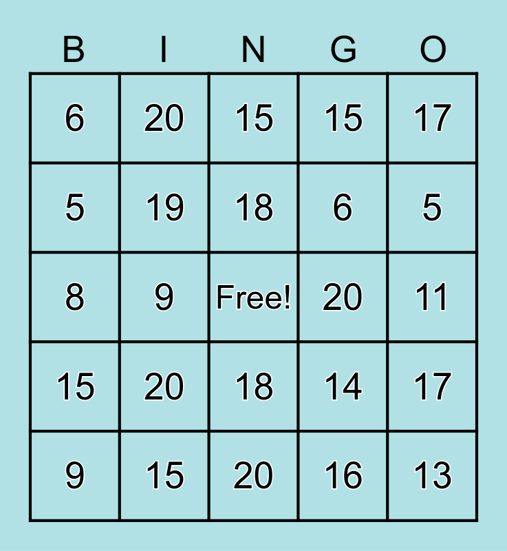 Number Bingo 1-20 Bingo Card