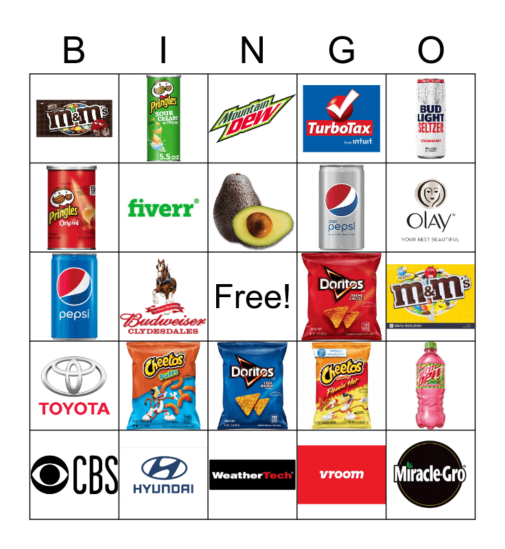 SUPER BOWL 2021 COMMERCIAL Bingo Card