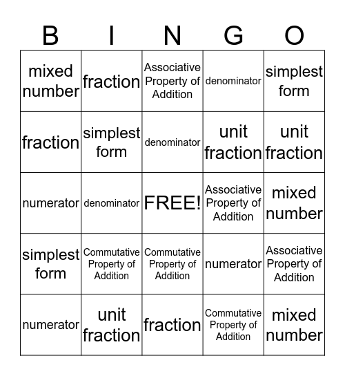 Fraction Bingo! Bingo Card