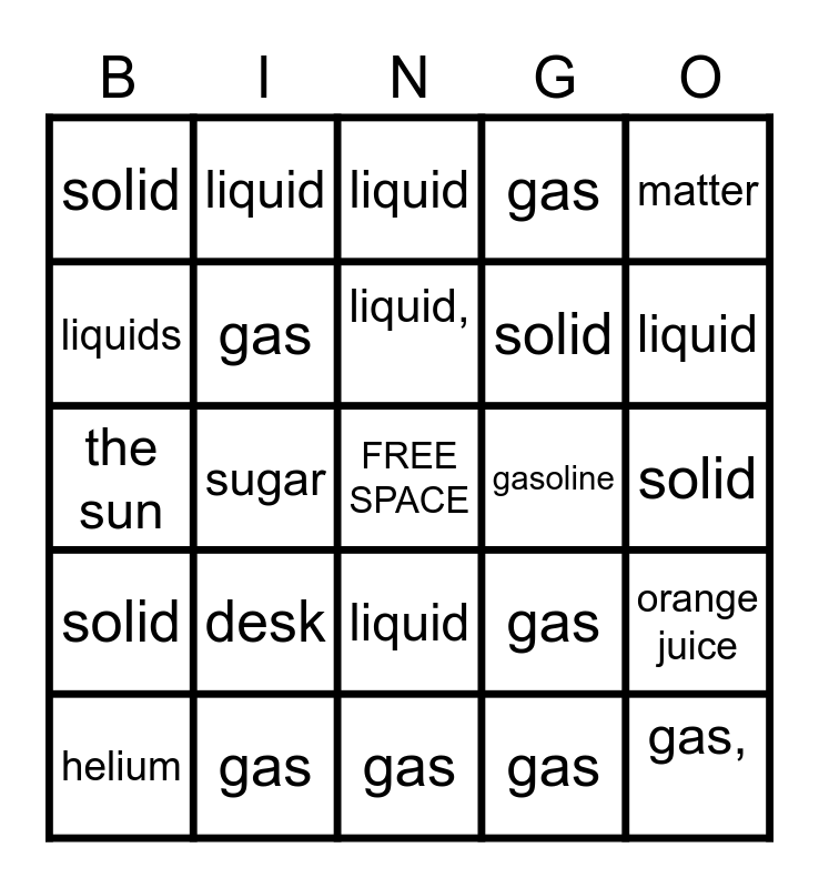 Solids, Liquids & Gases BINGO Card