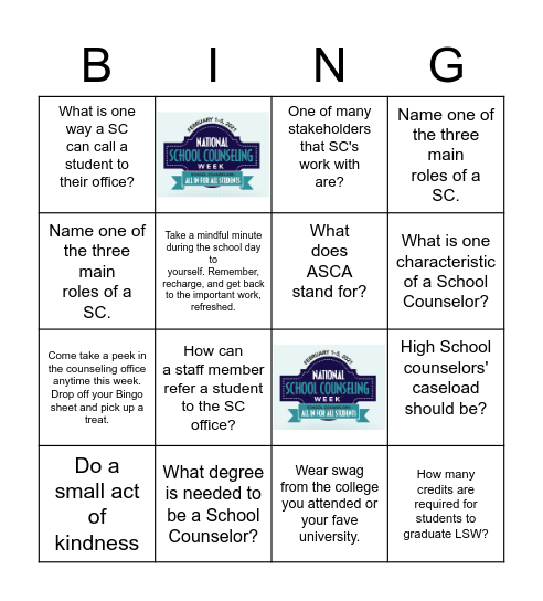 National School Counseling Week!! Bingo Card