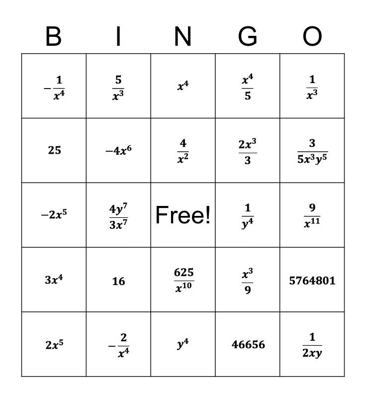 Negative Exponent Bingo Card