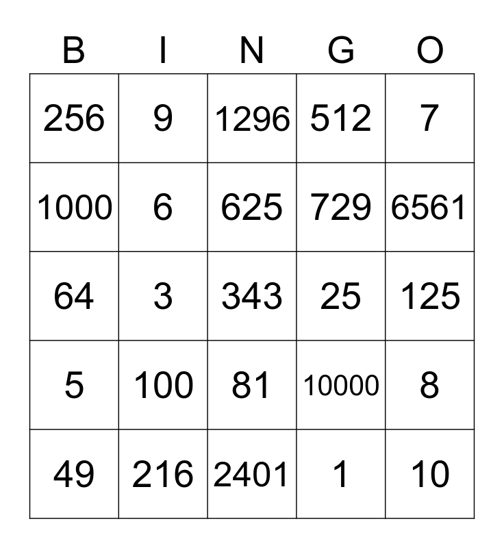 Exponent Bingo Card
