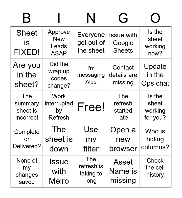 QA Sheet Bingo Card