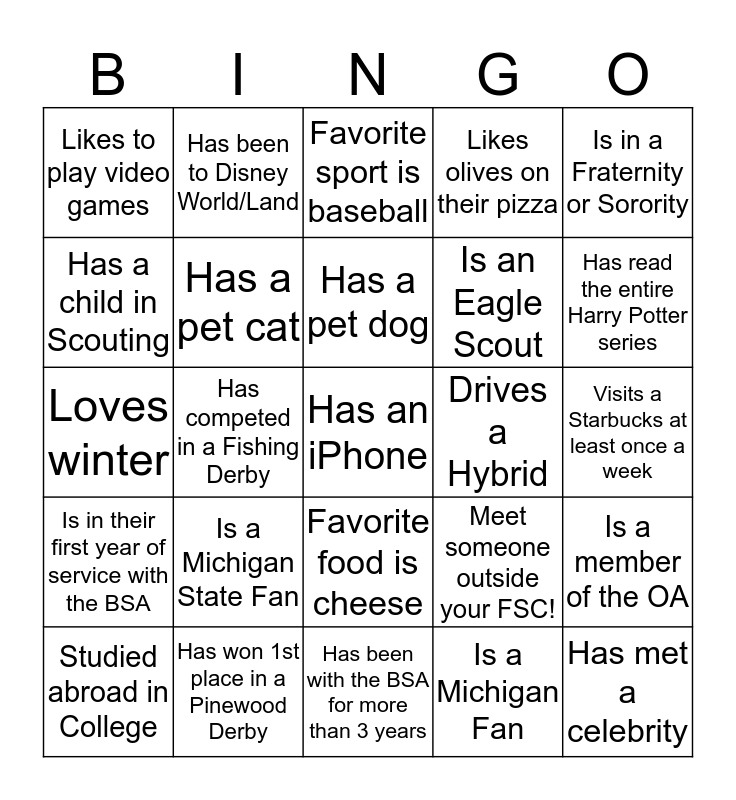 Nice to meet you! Bingo Card
