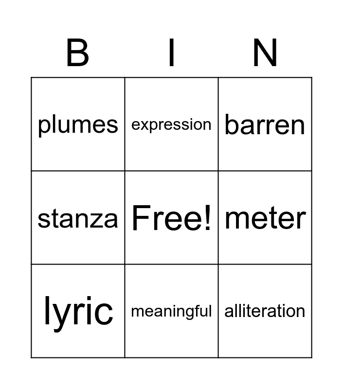 Words Free as Confetti Bingo Card