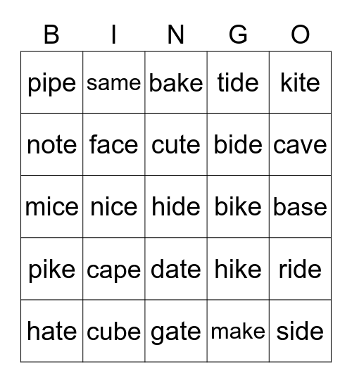 "Magic E" Words Bingo Card