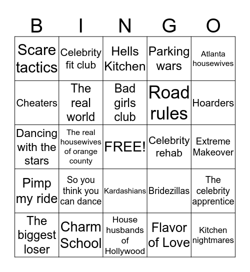 Reality TV Bingo Card Reality TV Bingo Card