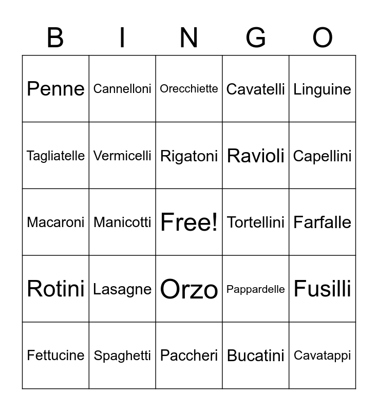 Pasta Bingo Card
