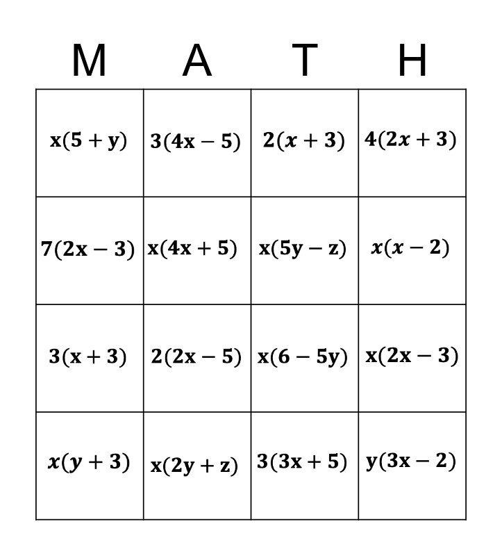 Expressions Math Bingo Card