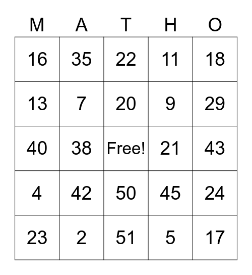 Mathnasium MATHO! Bingo Card