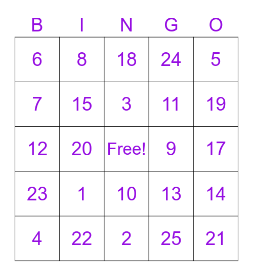 NUMBERS 1 -25 Bingo Card