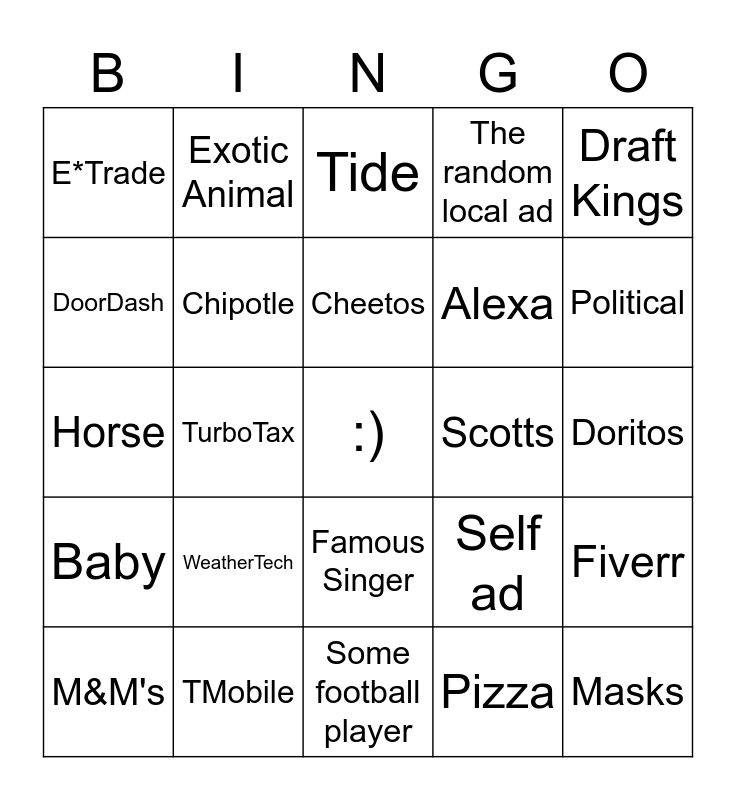 Super Bowl Commercial Bingo 2021 Bingo Card