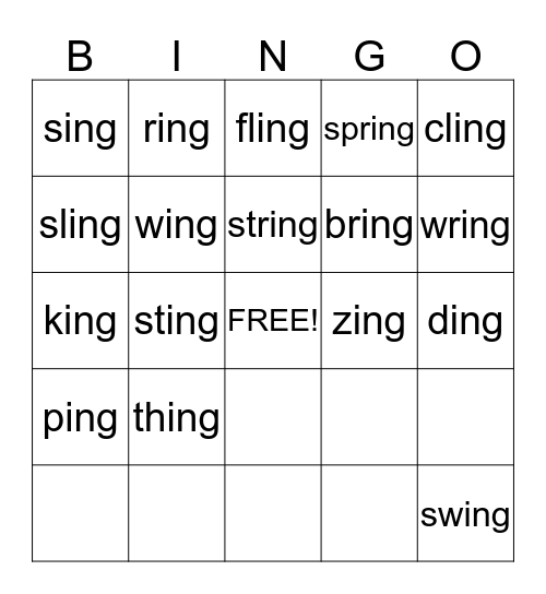 'ing' - Words Bingo Card