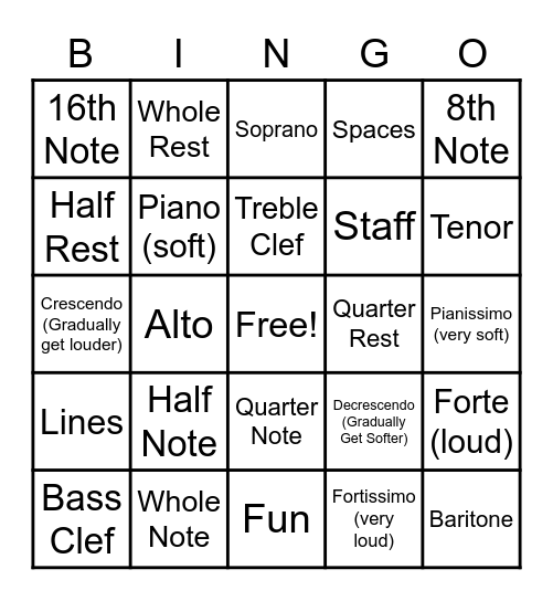 Choir Bingo Card