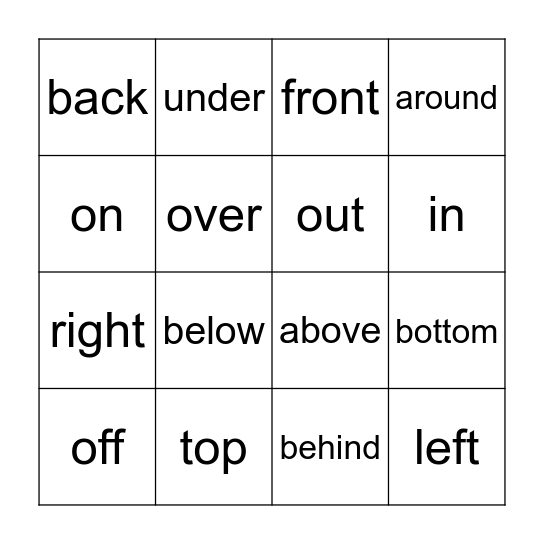 Position Words Bingo Card