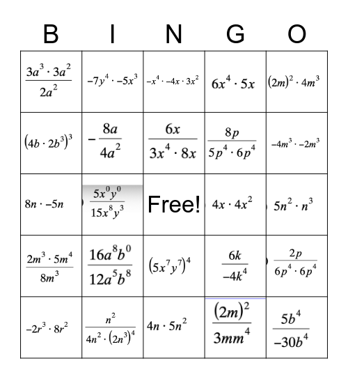 Exponent Bingo Card