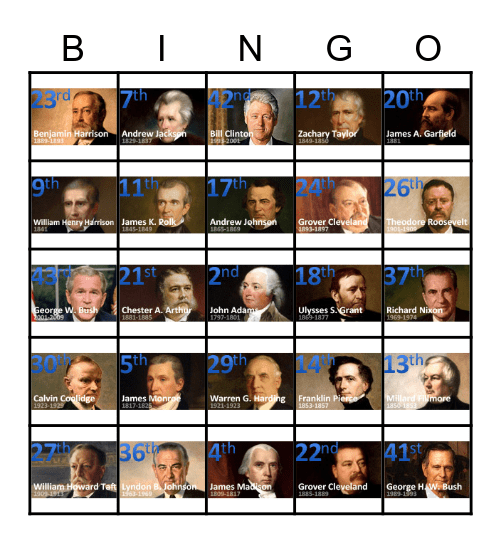 USA Presidents Bingo Card