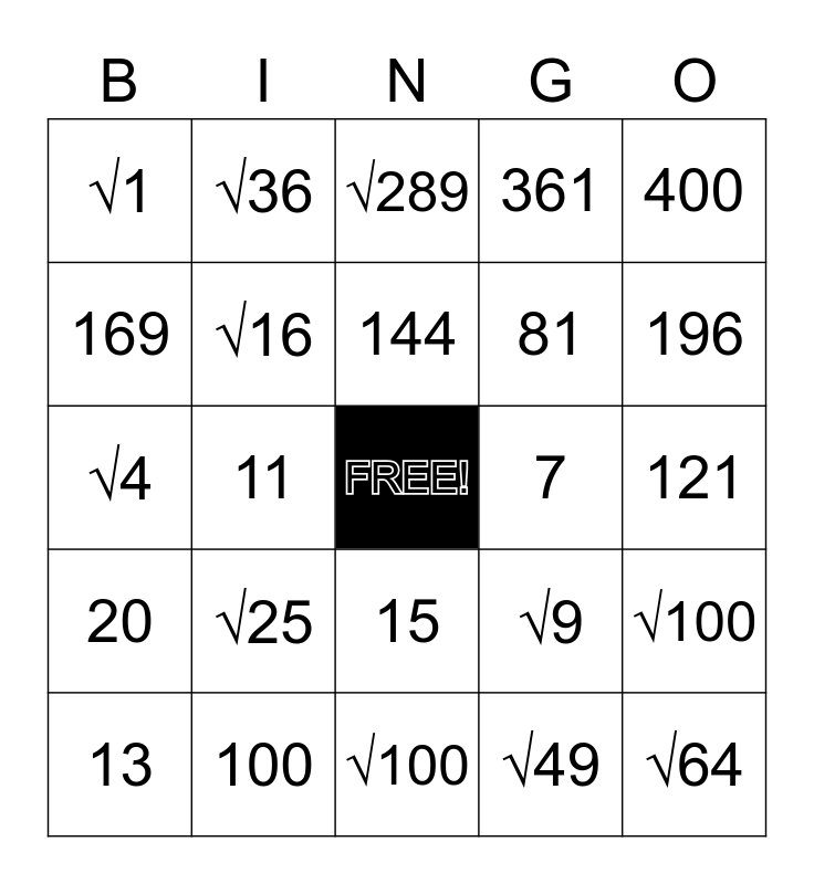 Squares and Square Root Bingo Card