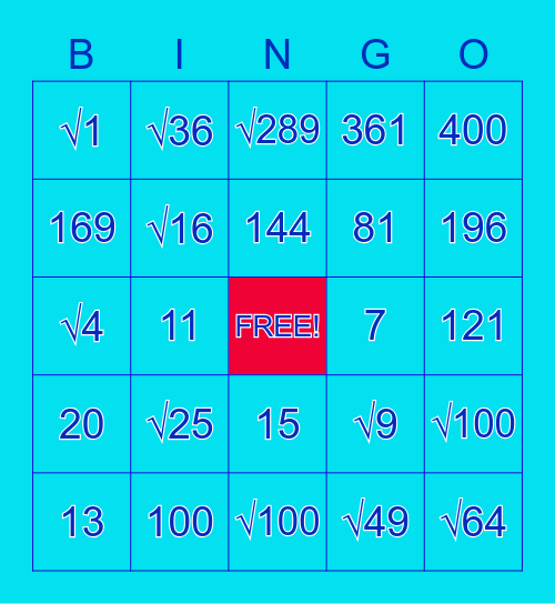 Squares and Square Root Bingo Card