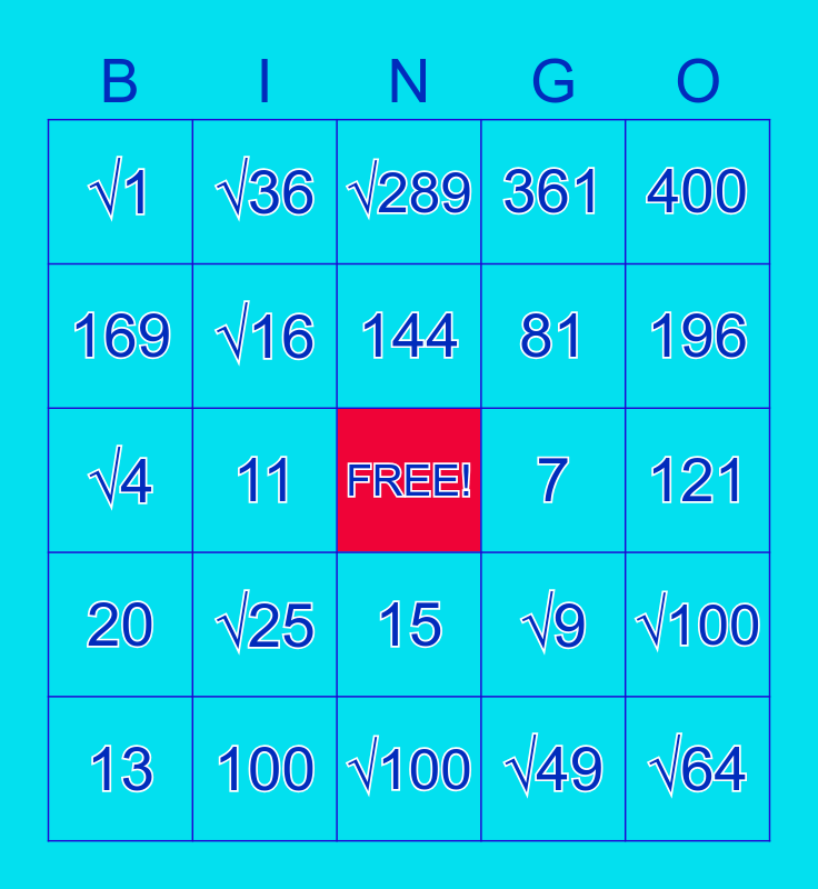 Squares and Square Root Bingo Card