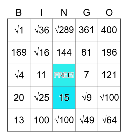 Squares and Square Root Bingo Card
