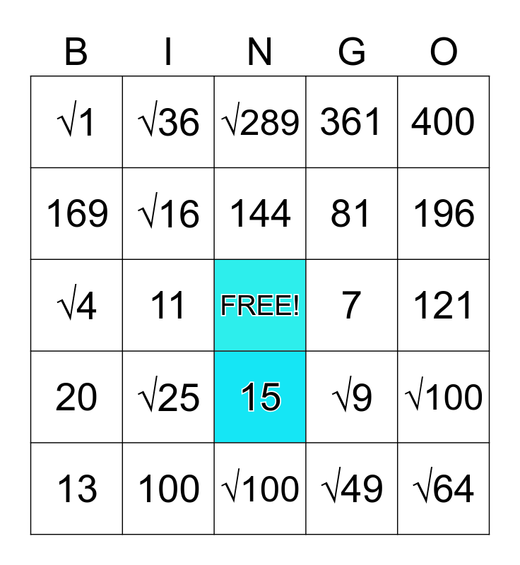 Squares and Square Root Bingo Card