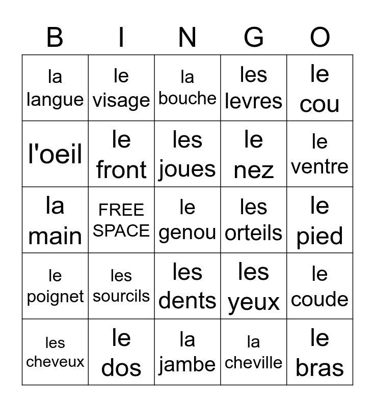 Le Corps Humain Bingo Card