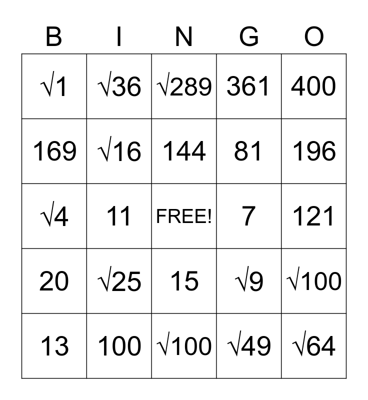 Squares and Square Root Bingo Card
