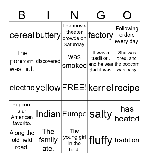 Grammar Popcorn Bingo Card