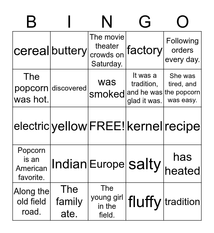Grammar Popcorn Bingo Card
