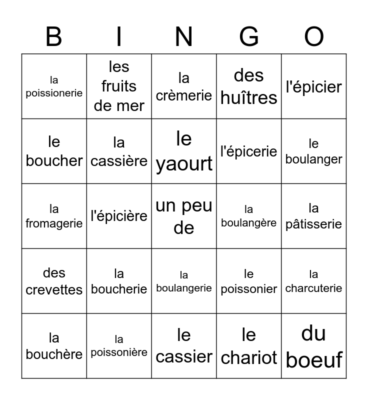 On fait les courses Bingo Card