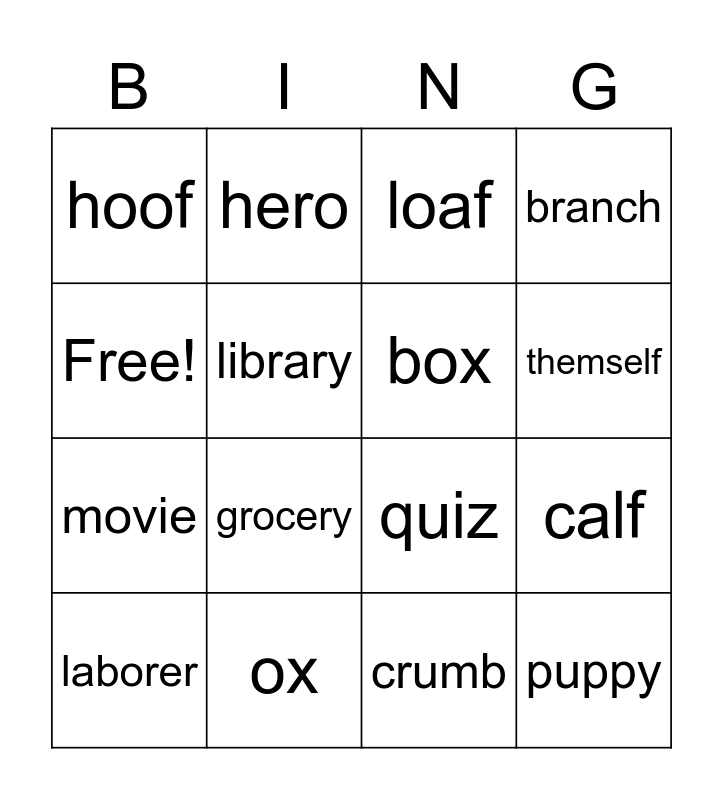 Irregular Plurals Bingo Card