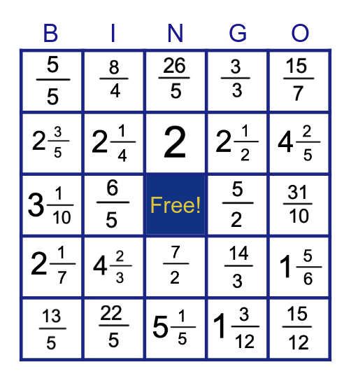 Improper Fraction & Mixed Numbers Bingo Card
